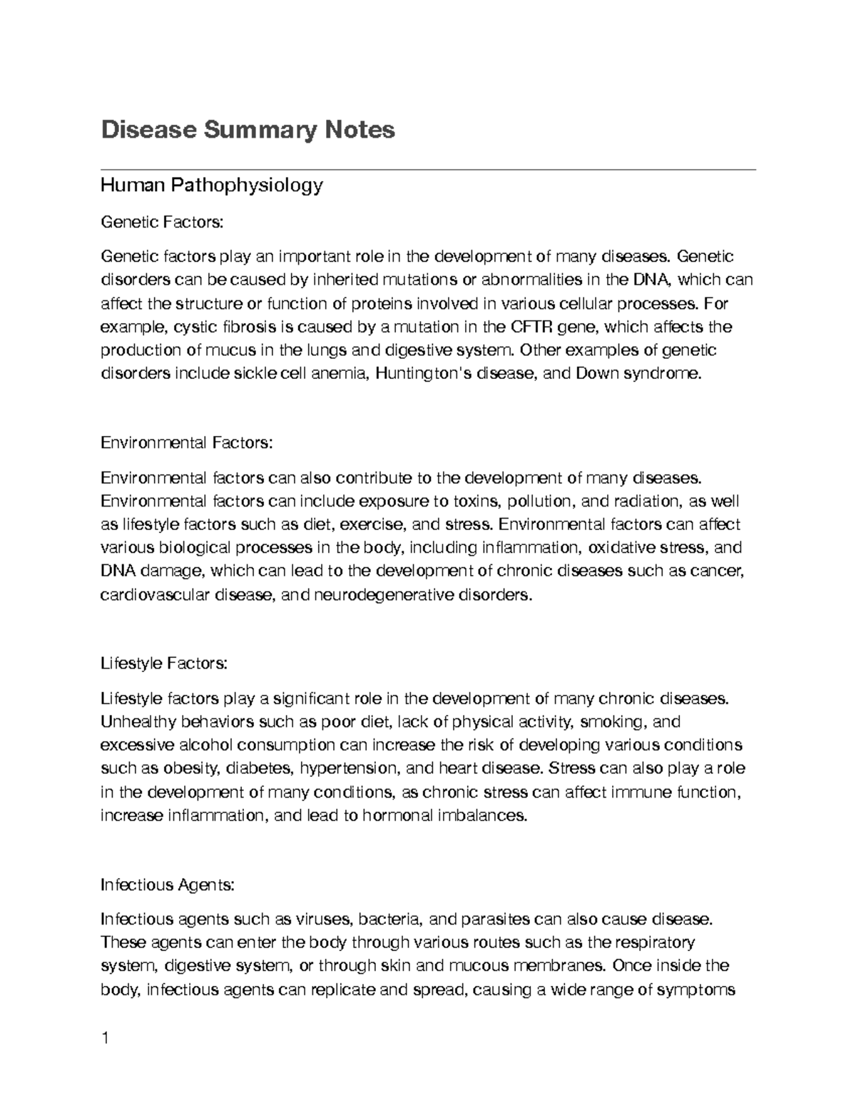 Disease Summary Notes - Disease Summary Notes Human Pathophysiology ...