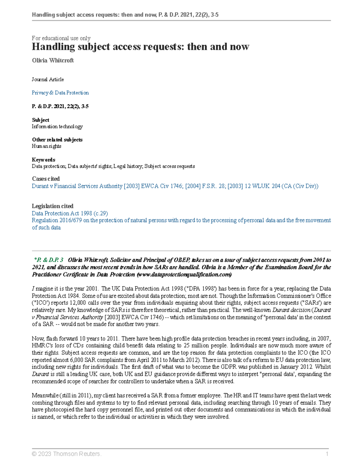 Handling subject access requests then and now - For educational use only Handling subject access ...