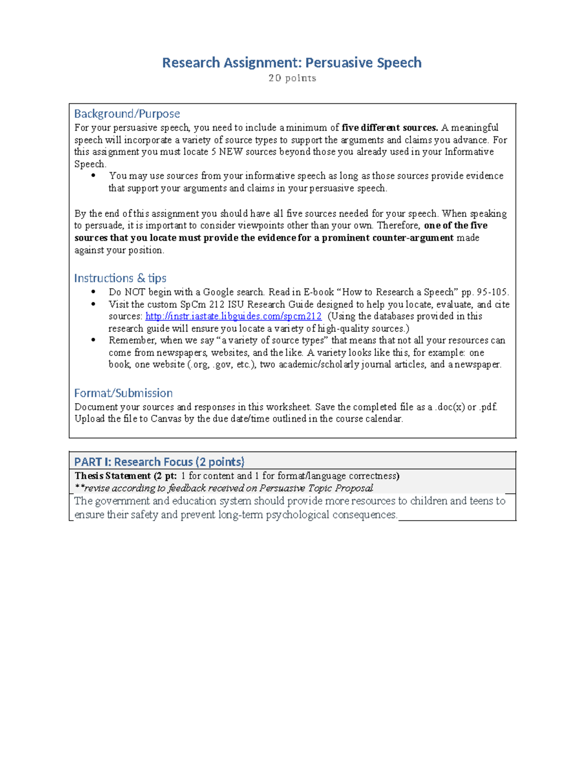 Persuasive Research Assignment - Research Assignment: Persuasive Speech ...