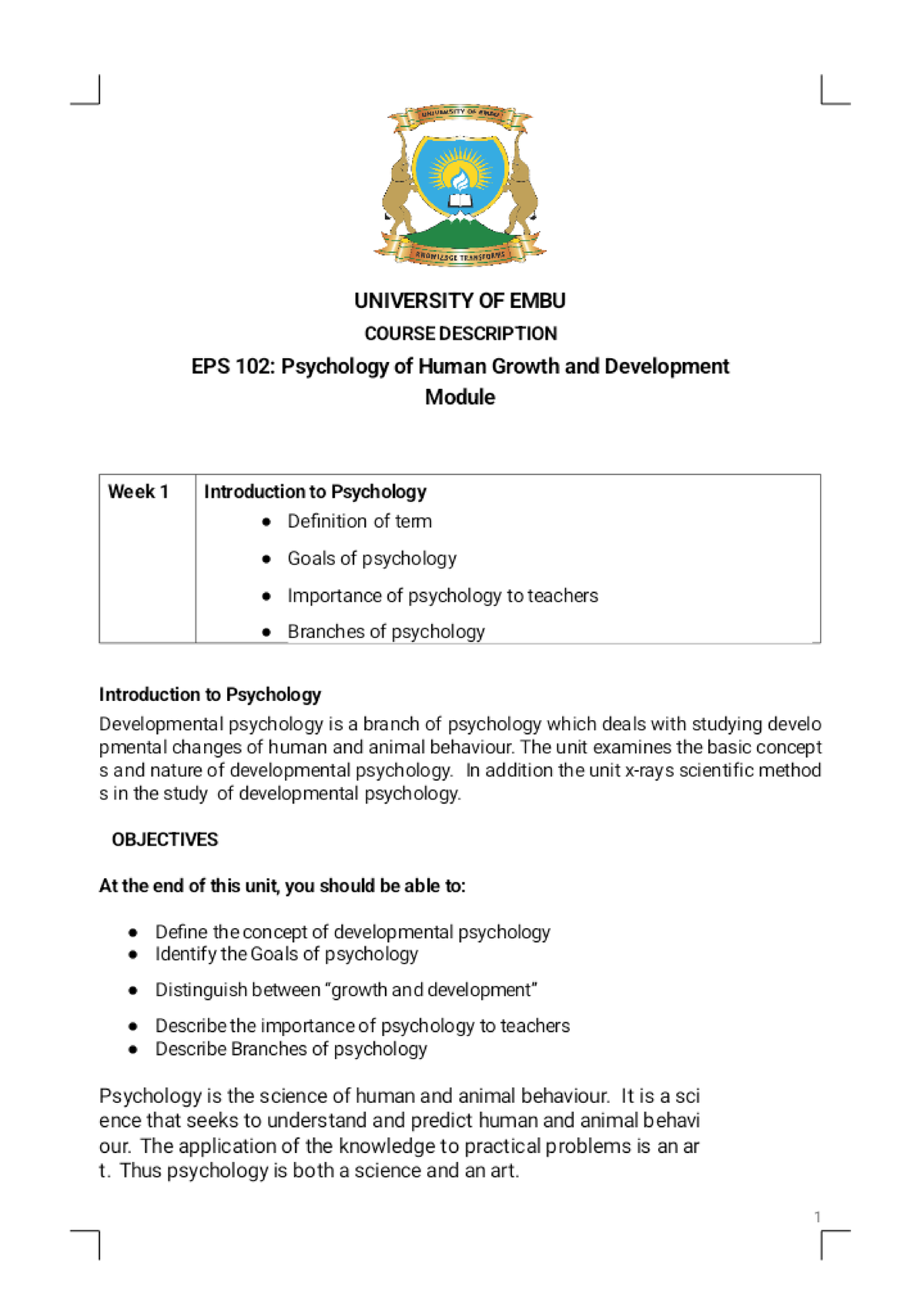 pshychology eps 102 - 04 UNIVERSITY OF EMBU COURSE DESCRIPTION EPS 102 ...