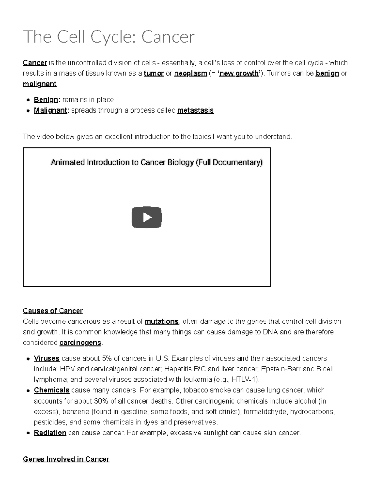The Cell Cycle Cancer Gen Biology Intro to the Cell - Spring 2019 BIOL ...
