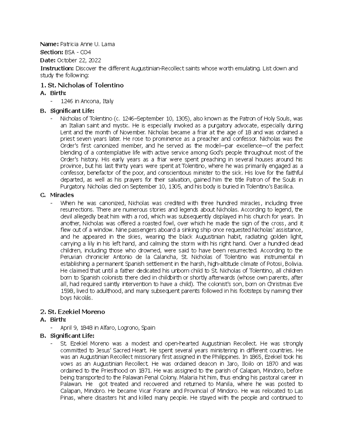 Augustinian Saints Worksheet - Name: Patricia Anne U. Lama Section: BSA ...