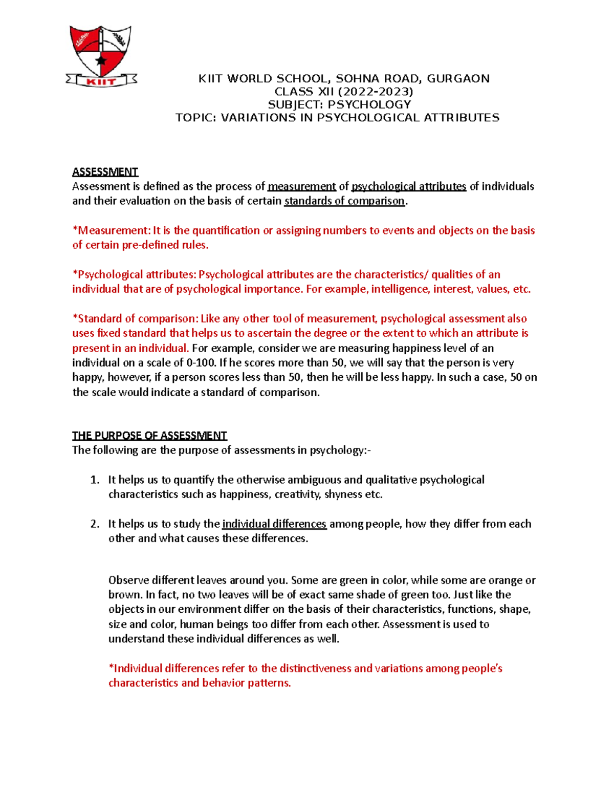 Chapter 1- Assessment - KIIT WORLD SCHOOL, SOHNA ROAD, GURGAON CLASS ...