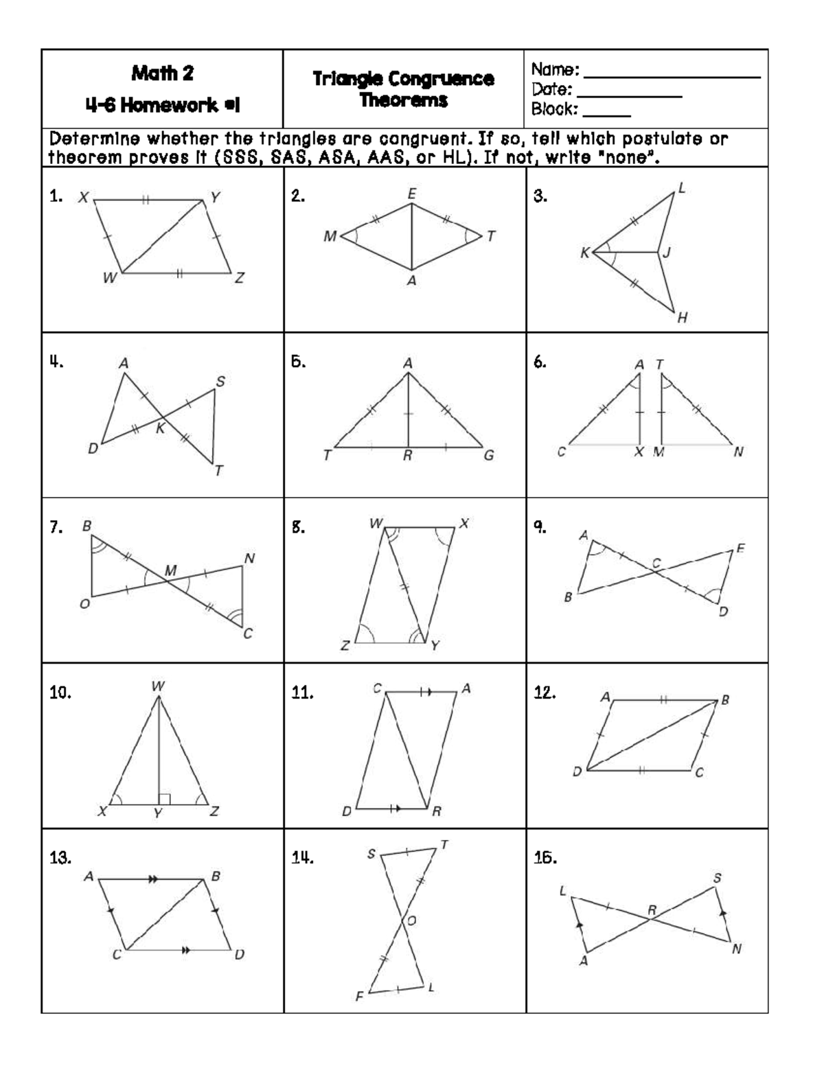 Triangle Congruence Theorem HW - Math 2 Name: Triangle Congruence Date ...