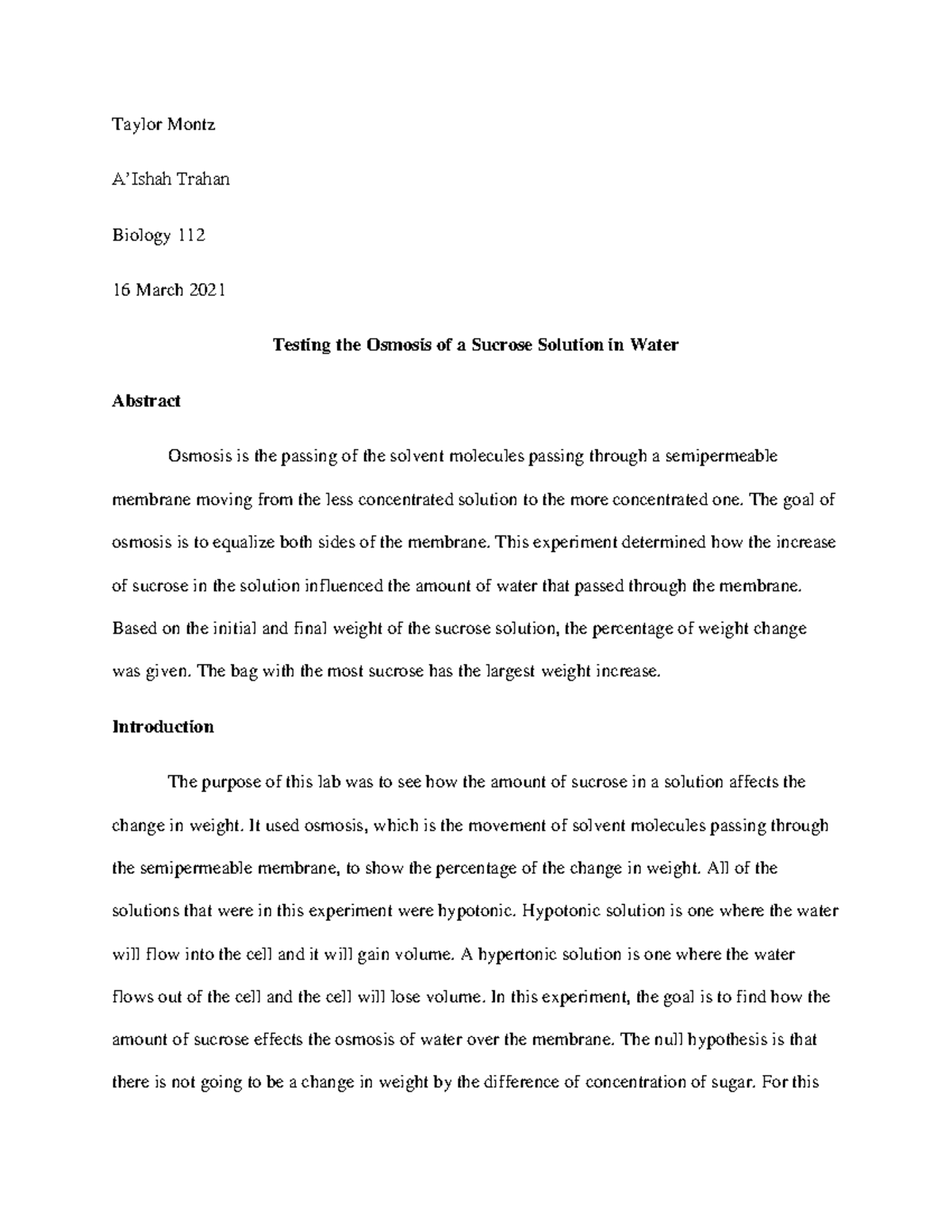 Osmosis and diffusion lab report rough draft - Taylor Montz A’Ishah ...