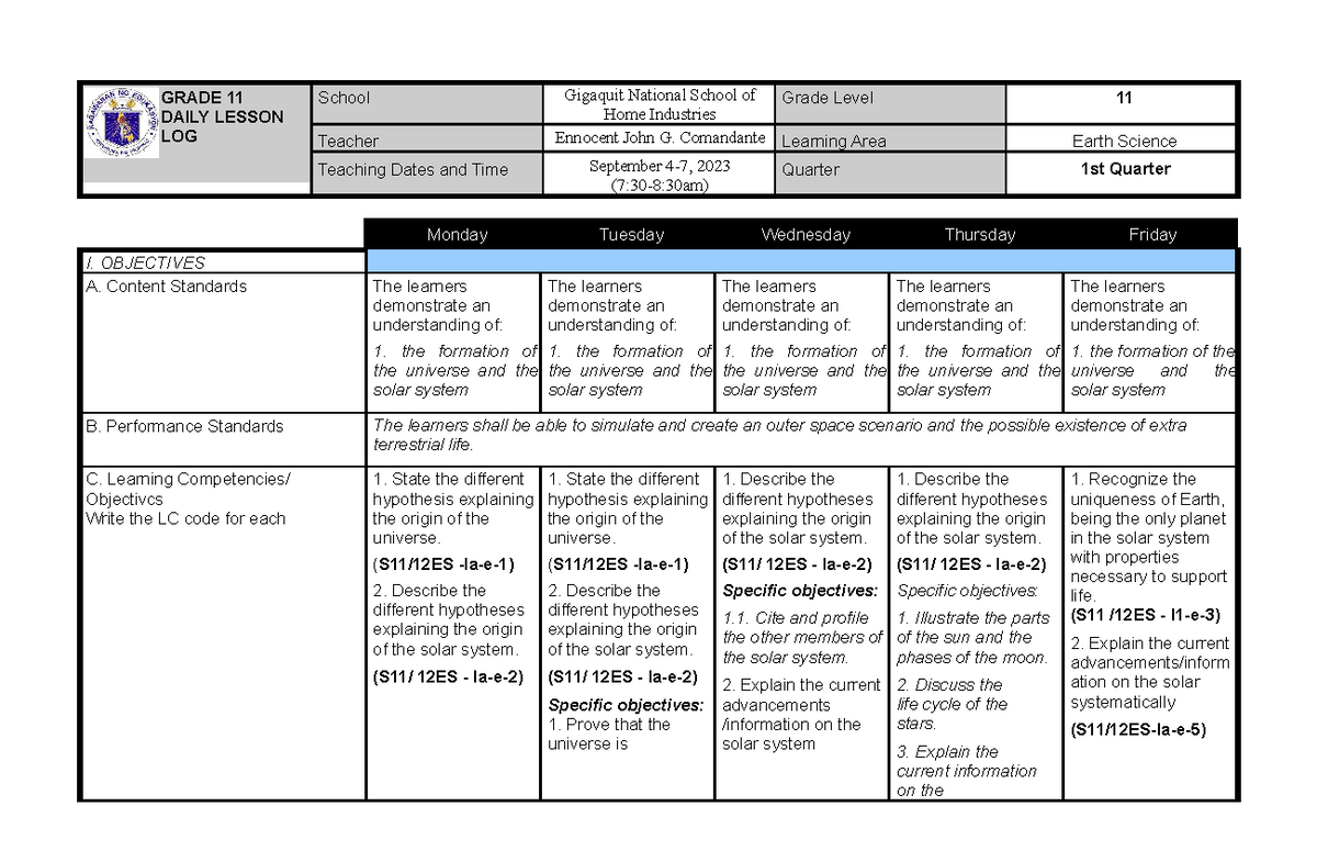 Grade 11 1st Quarter Earth Science - GRADE 11 DAILY LESSON LOG School ...