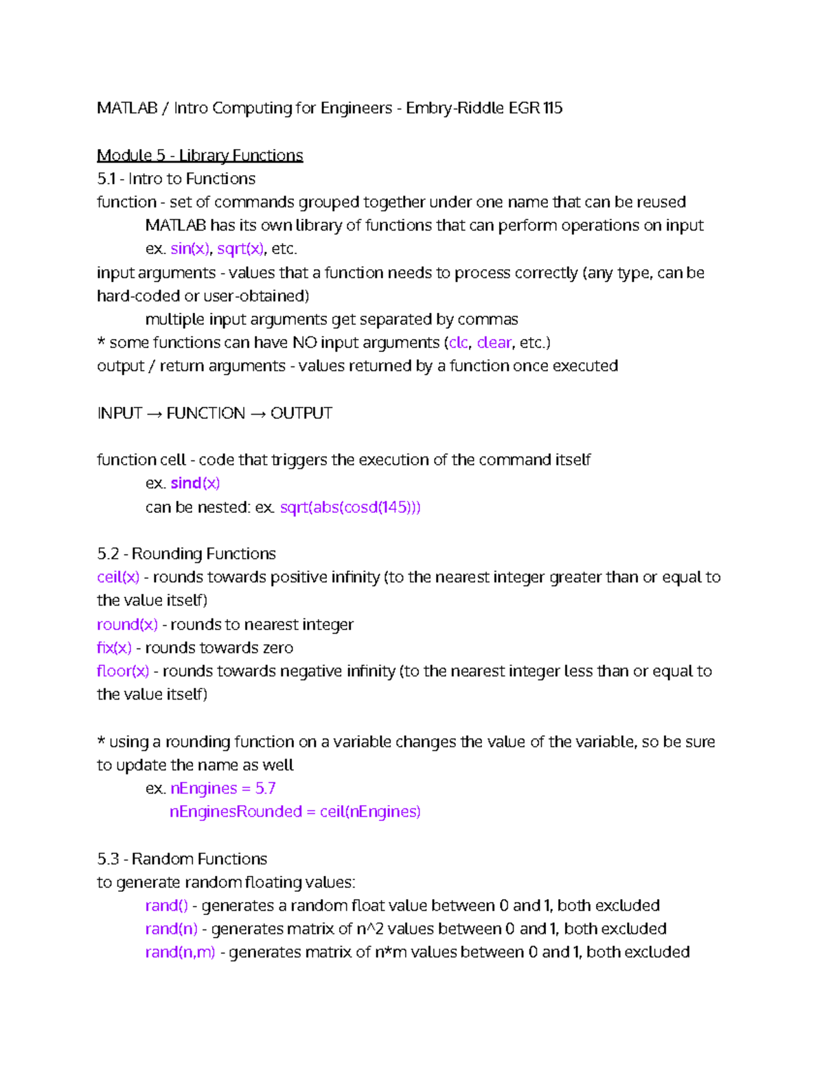 Erau Egr 115 Matlab Library Functions Notes Matlab Intro Computing For Engineers Embry 8802