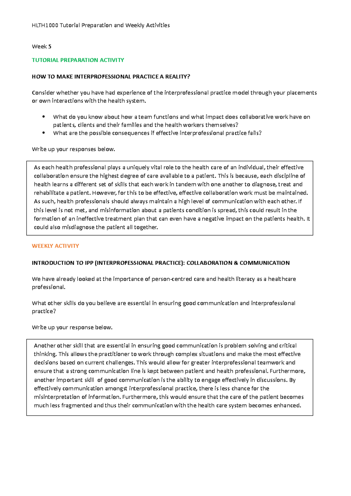 Week 5 tutorial preparation and weekly activities - HLTH1000 Tutorial Preparation and Weekly ...