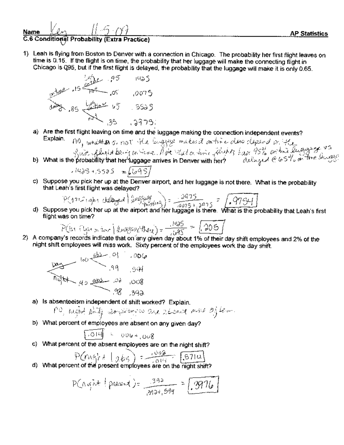 Extra conditional probability practice answers - Probability Theory ...