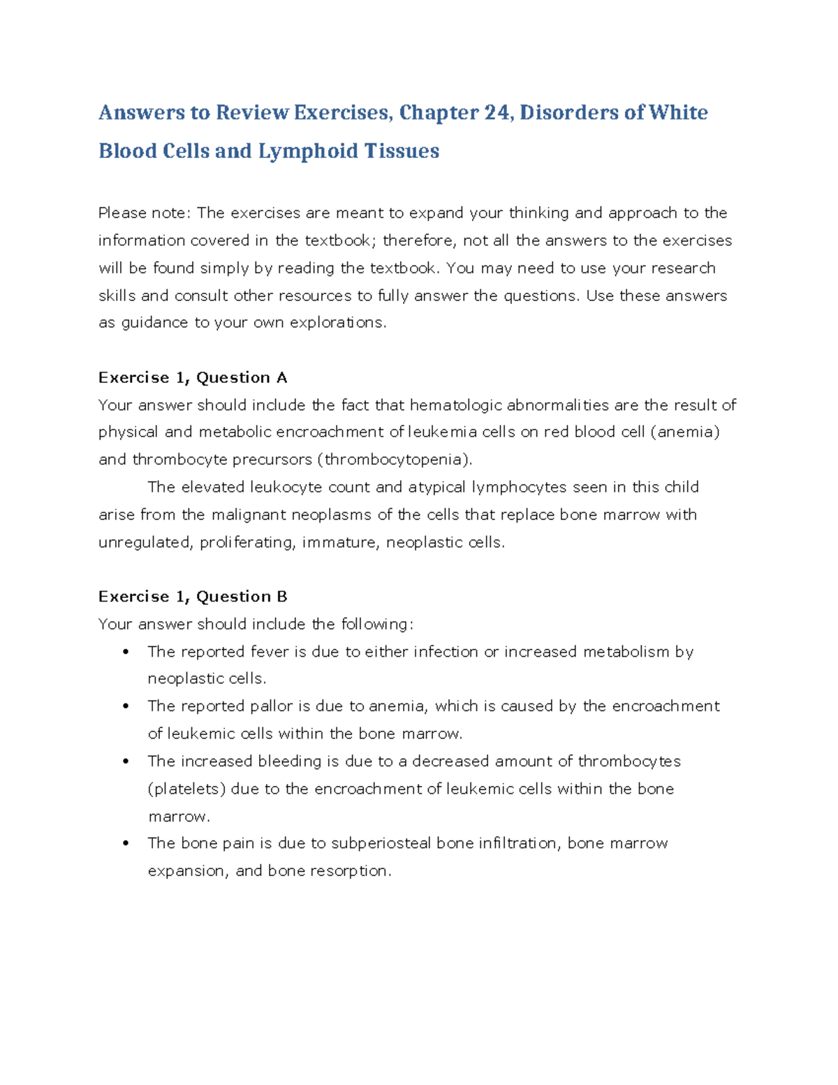 Answers to Review Exercises, Chapter 24, Disorders of White Blood Cells ...