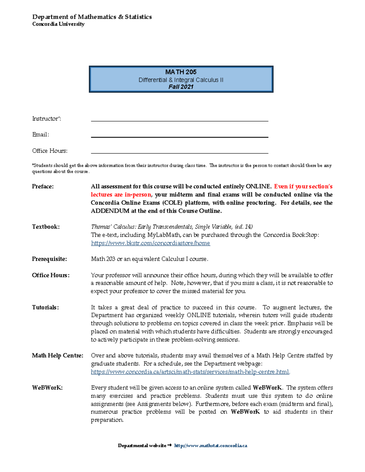 Course Outline - MATH 205 (Fall 2021) - MATH 205 - Concordia - Studocu