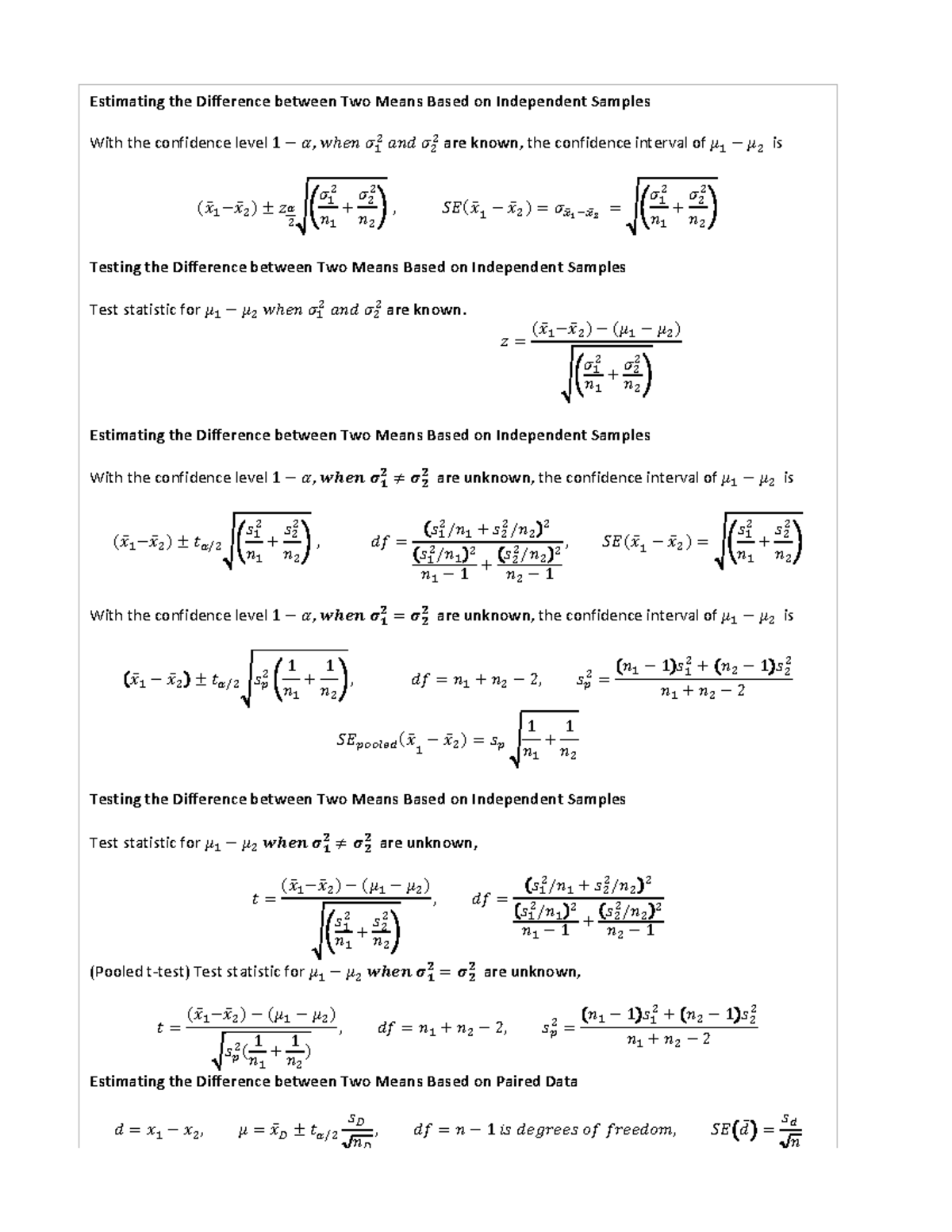 Week 6 - Testing and Estimate Formulas - STAT1014 - George Brown ...