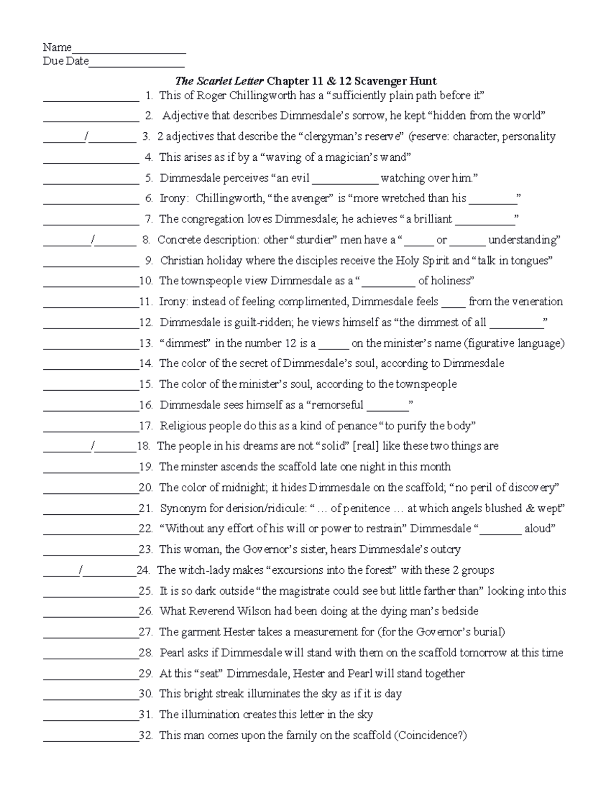 The Scarlet Letter Ch 1112Scav Hunt KEY-1 - Name___________________ Due ...
