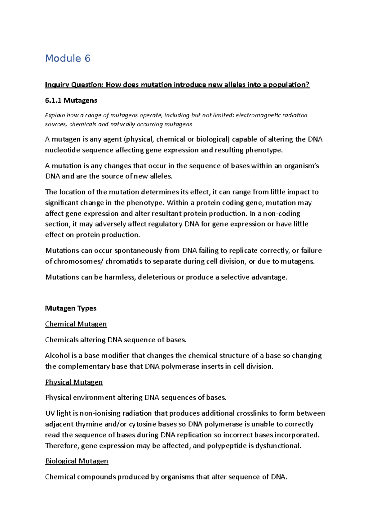 Module 6 - study notes - Module 6 Inquiry Question: How does mutation ...