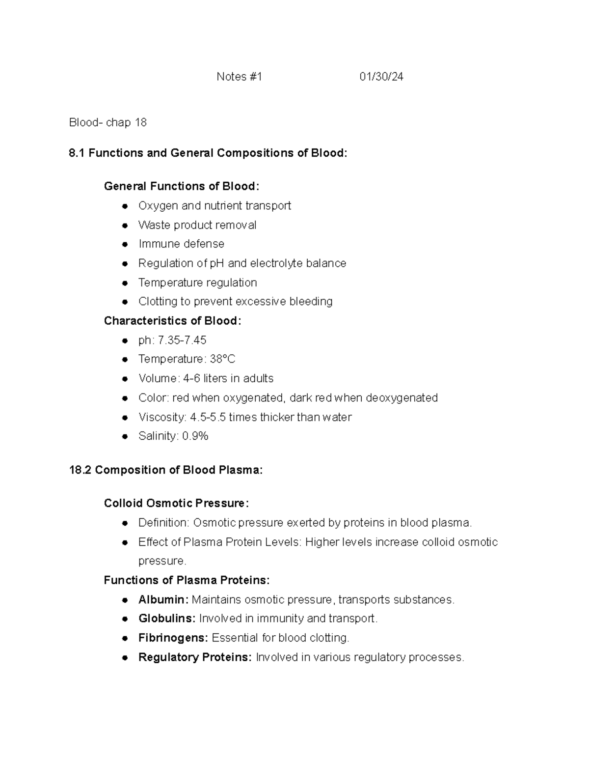 Notes #1 - Notes #1 01/30/ Blood- chap 18 8 Functions and General ...