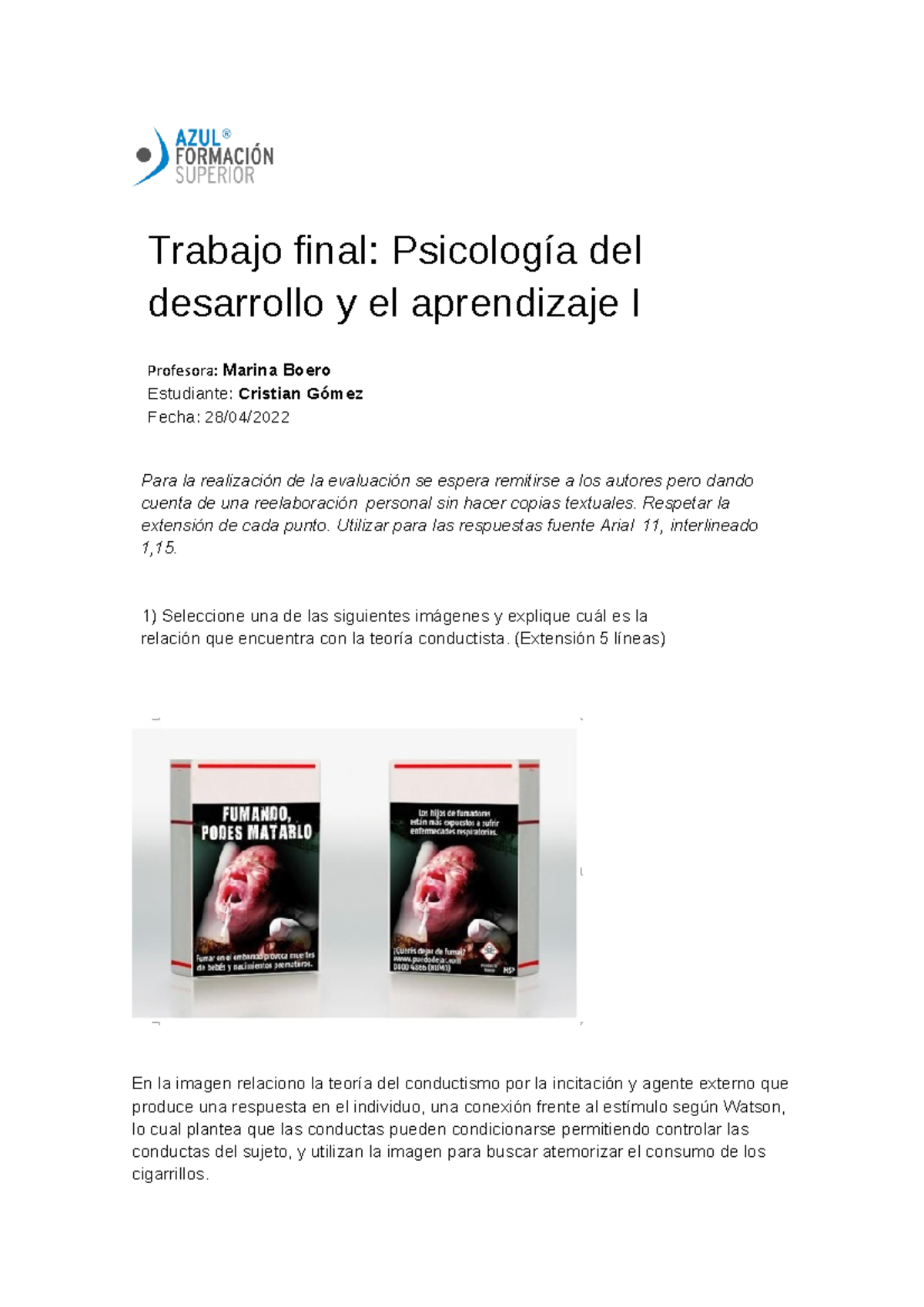 Trabajo final psicologia - Trabajo final: Psicología del desarrollo y el aprendizaje I Profesora ...