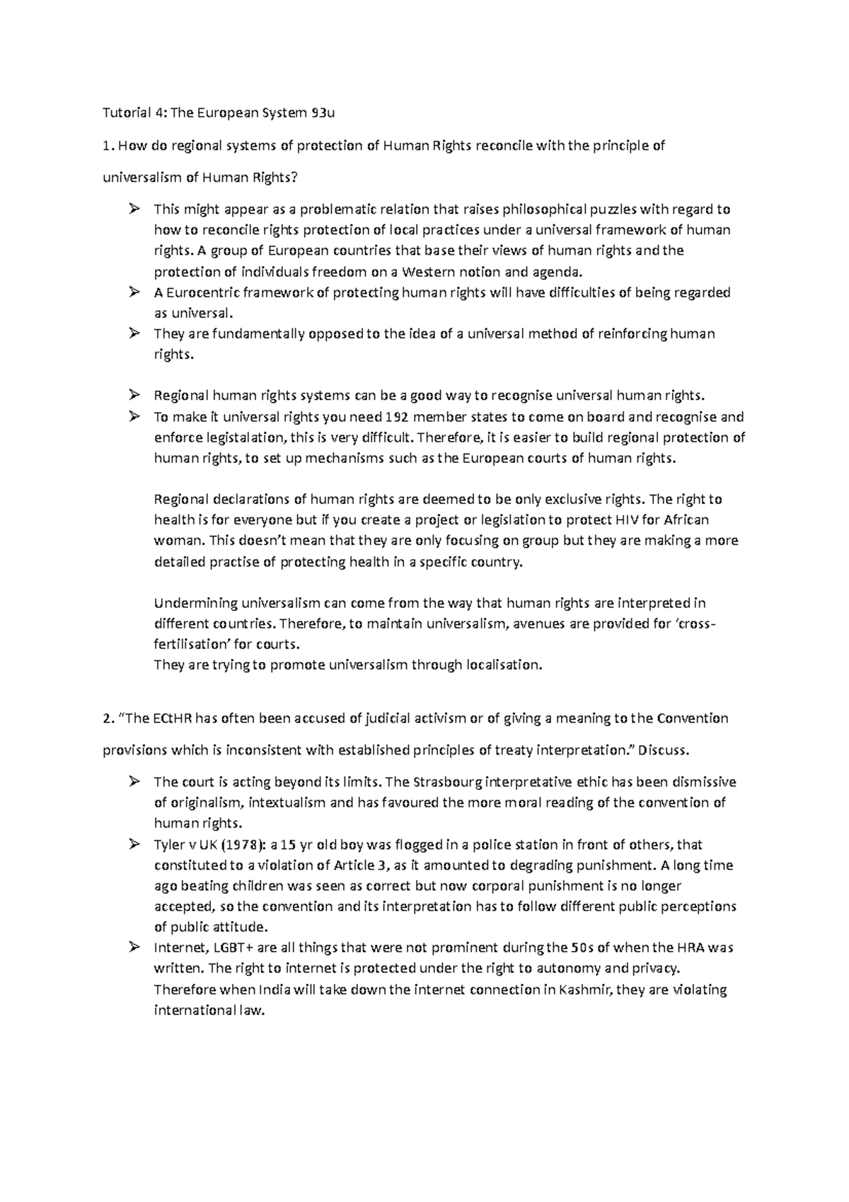 Term 1 tutorial 4 - the european system - Tutorial 4: The European ...