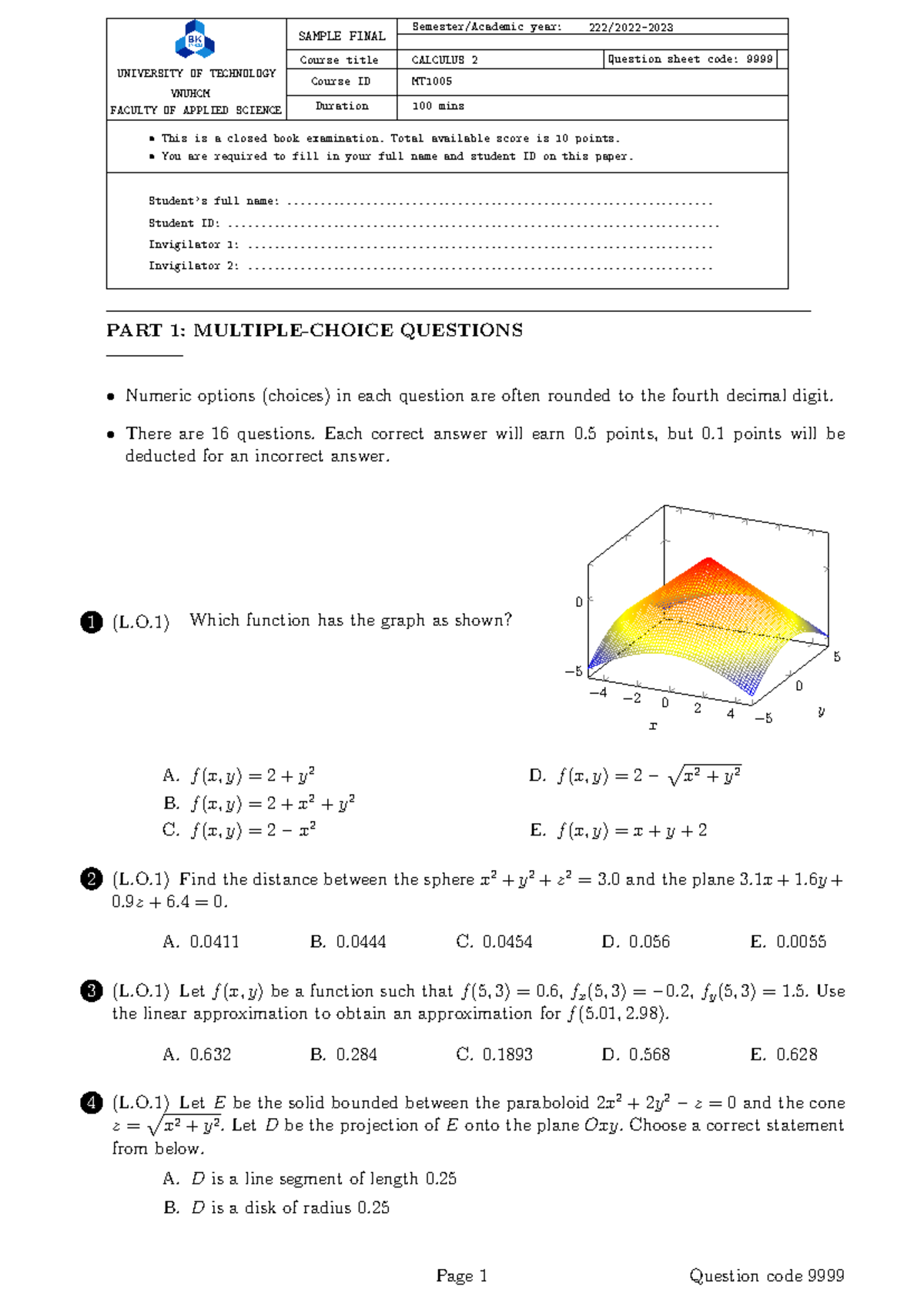 Đề thi GT2 HCMUT - Question sheet code: 9999 UNIVERSITY OF TECHNOLOGY VNUHCM FACULTY OF APPLIED ...