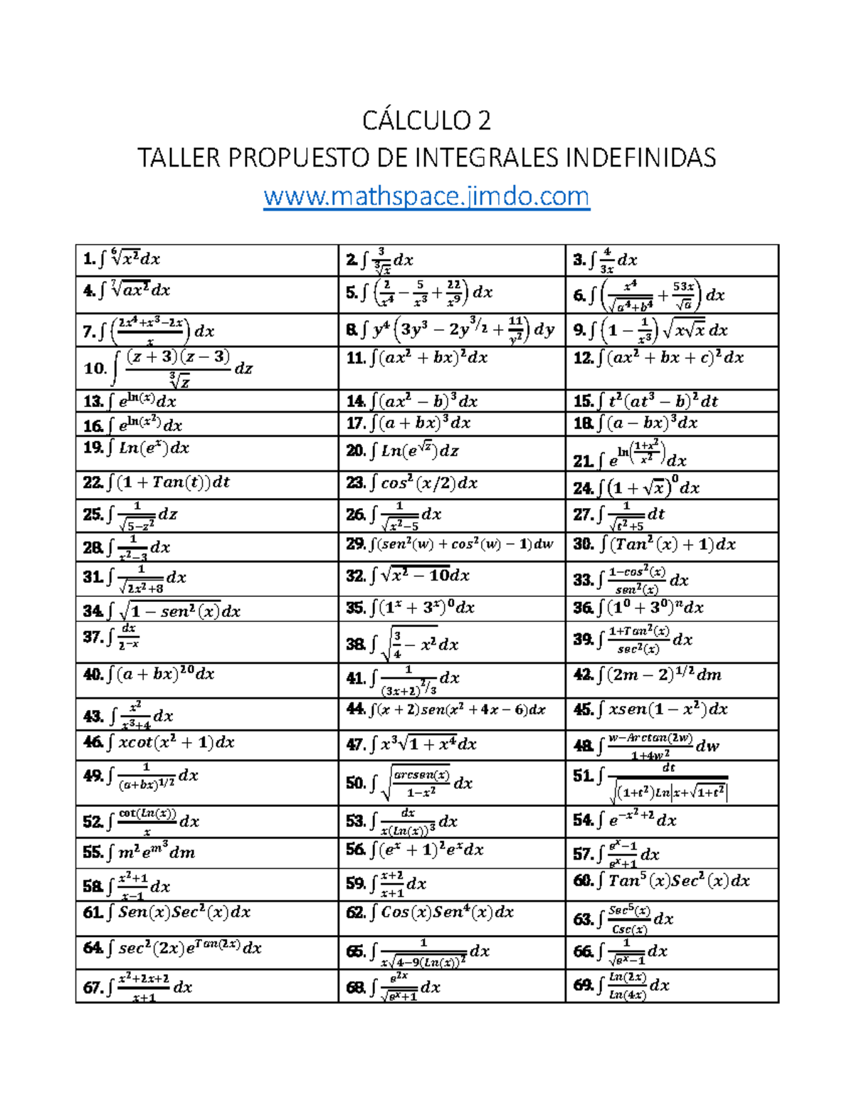 Taller Propuesto Integrales Indefinidas - Warning: TT: undefined function: 22 CÁLCULO 2 TALLER ...