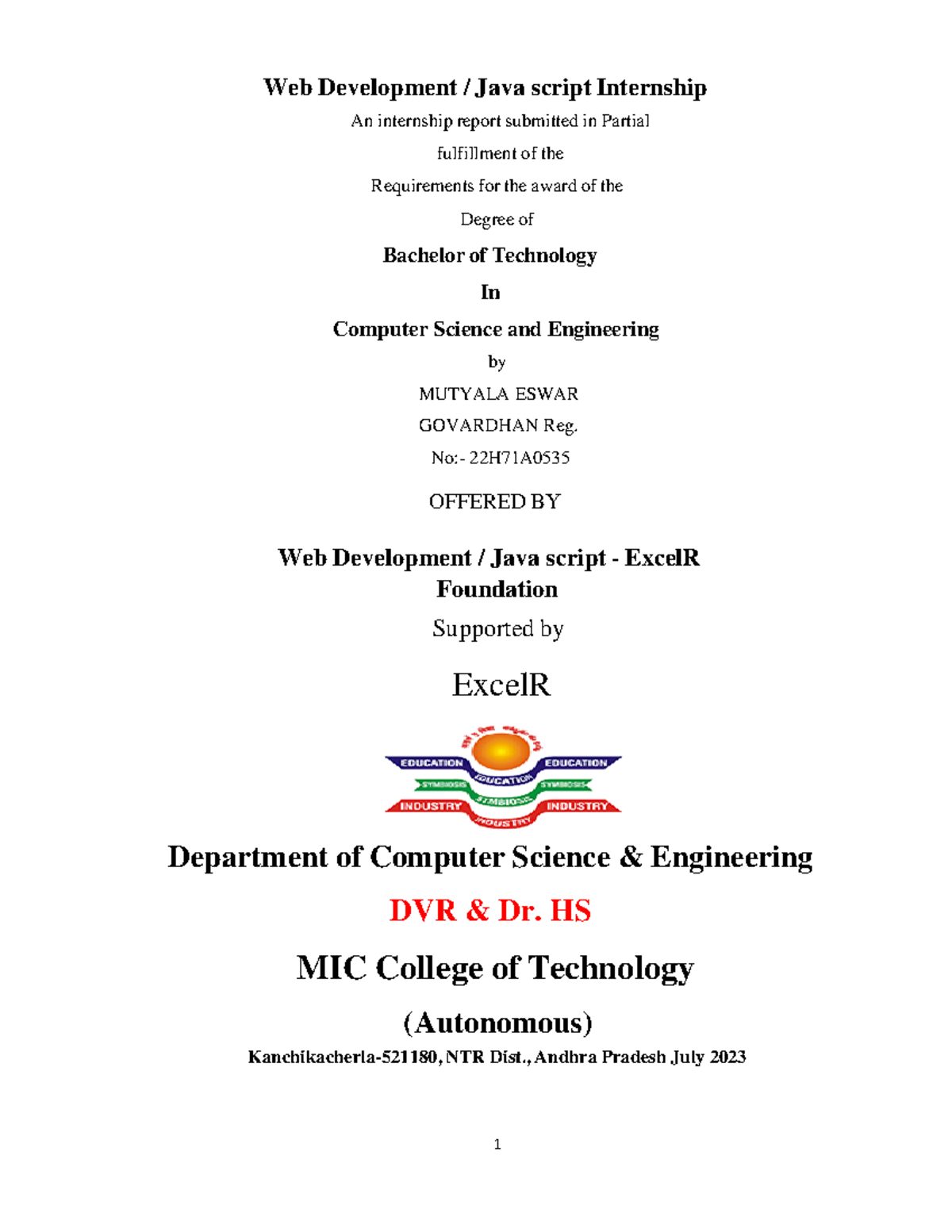 Final Report aws - Web Development / Java script Internship An internship report submitted in ...