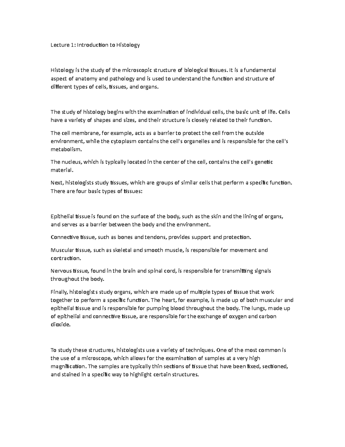 Lecture 1 Histology Lecture 1 Introduction To Histology Histology