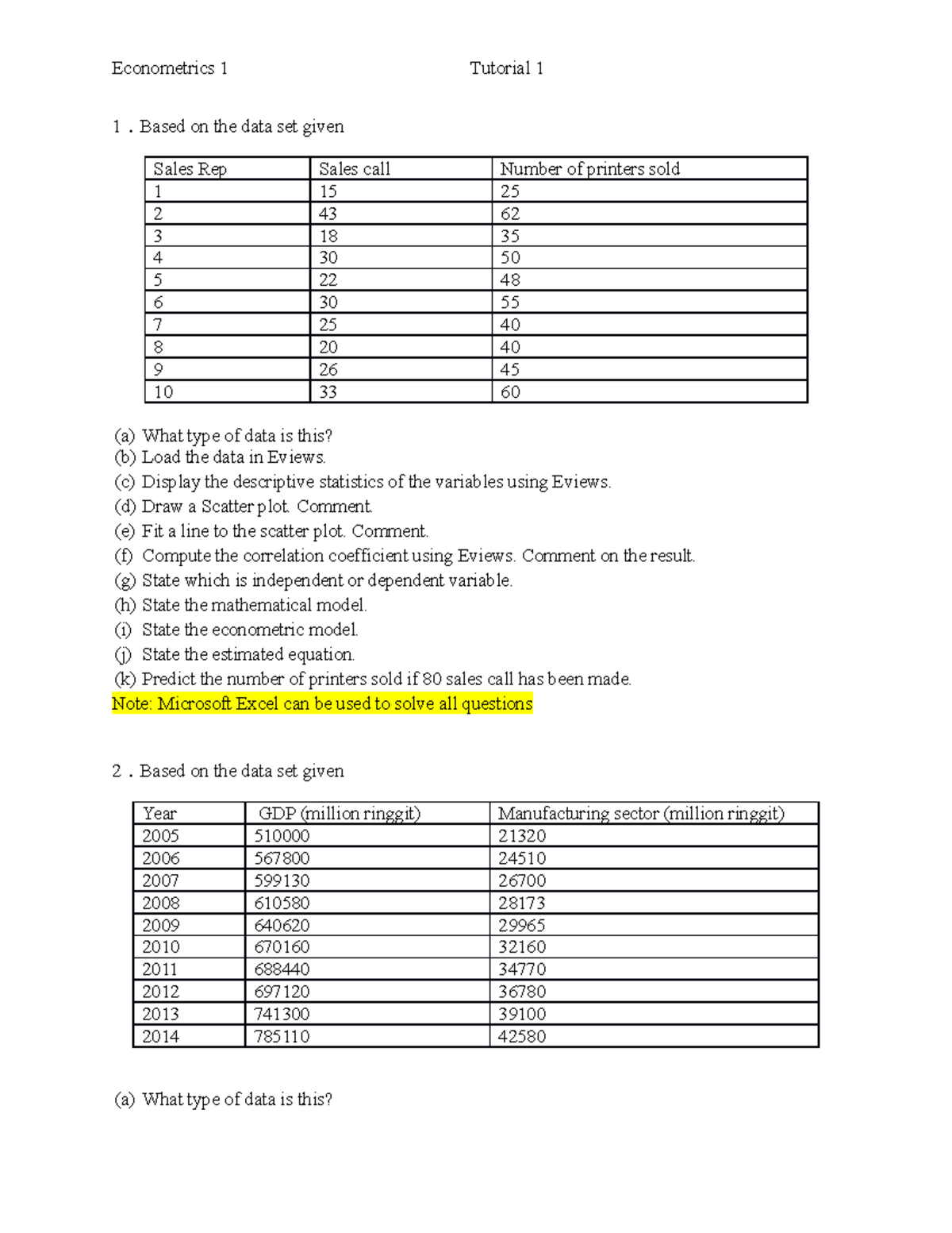 2022 Tutorial 1 EIA2013 - Econometrics 1 Tutorial 1 1 .Based on the ... 2022 Tutorial 1 EIA2013 - Econometrics 1 Tutorial 1 1 .Based on the ...