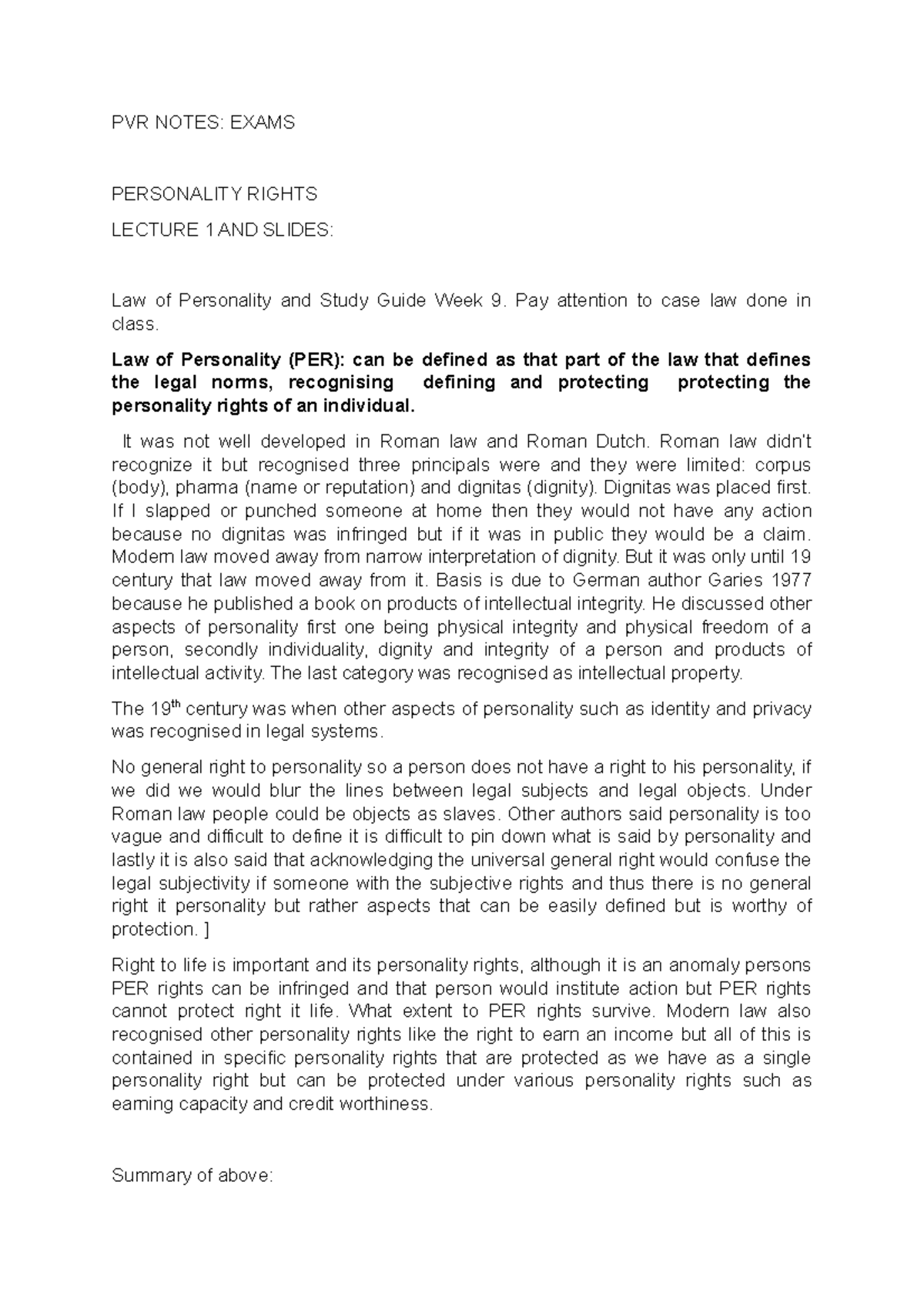 PVR Notes - PVR - PVR NOTES: EXAMS PERSONALITY RIGHTS LECTURE 1 AND ...