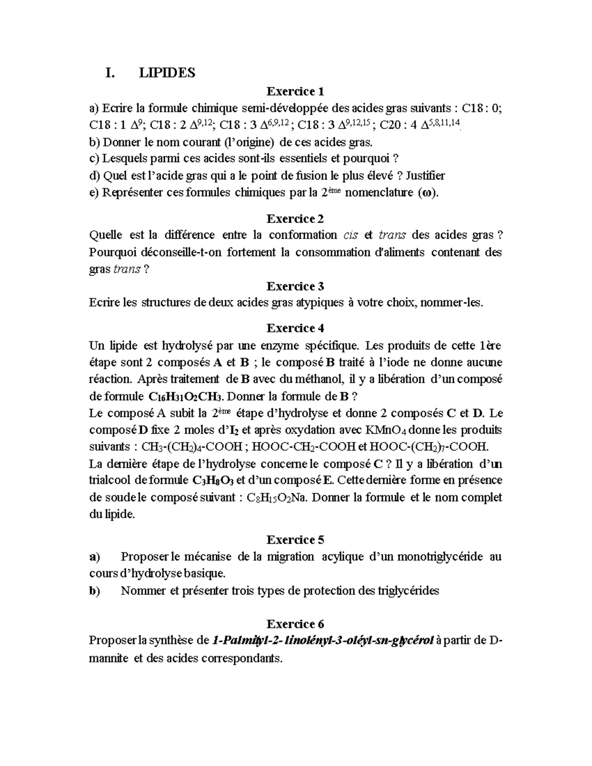 TD Master 2 CHO Lipides - chimie organique - , /,3,'( ([HUFLFH D (FULUH ...