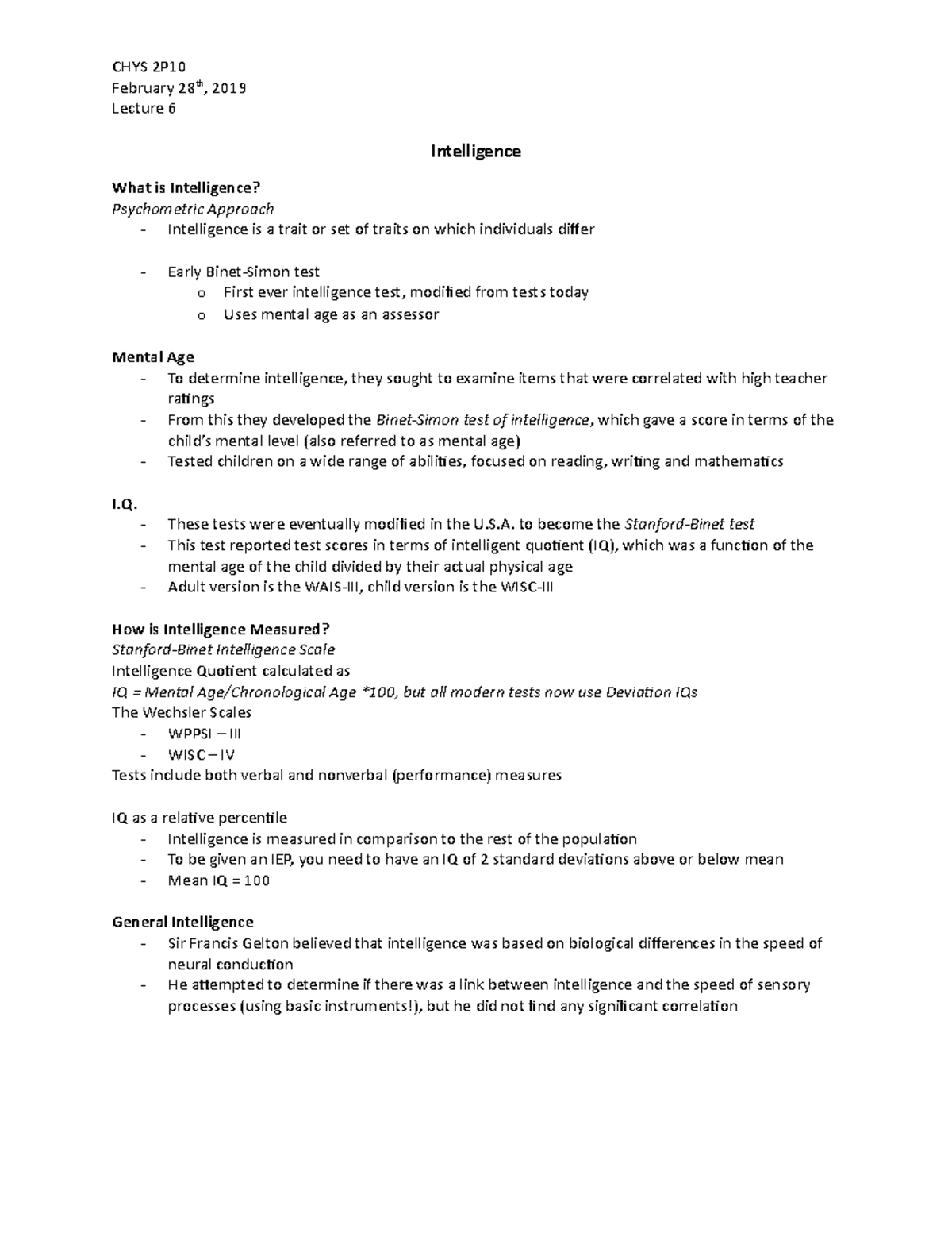 2P10 Lecture 6 - February 28th, 2019 Lecture 6 Intelligence What is Intelligence? Psychometric ...