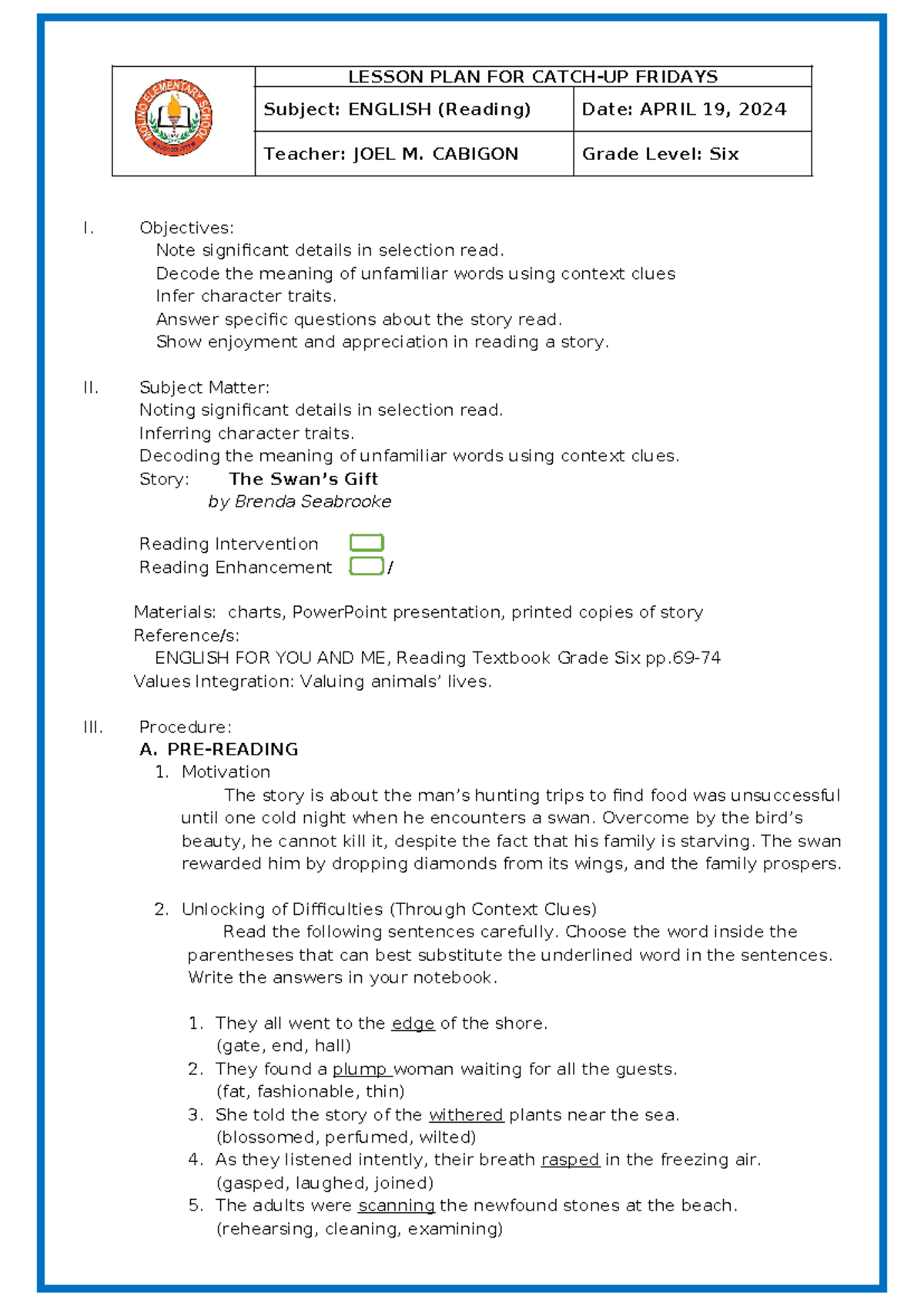 April-12 English-Reading Lesson-Plan-for-Catch-Up-Fridays - / LESSON ...