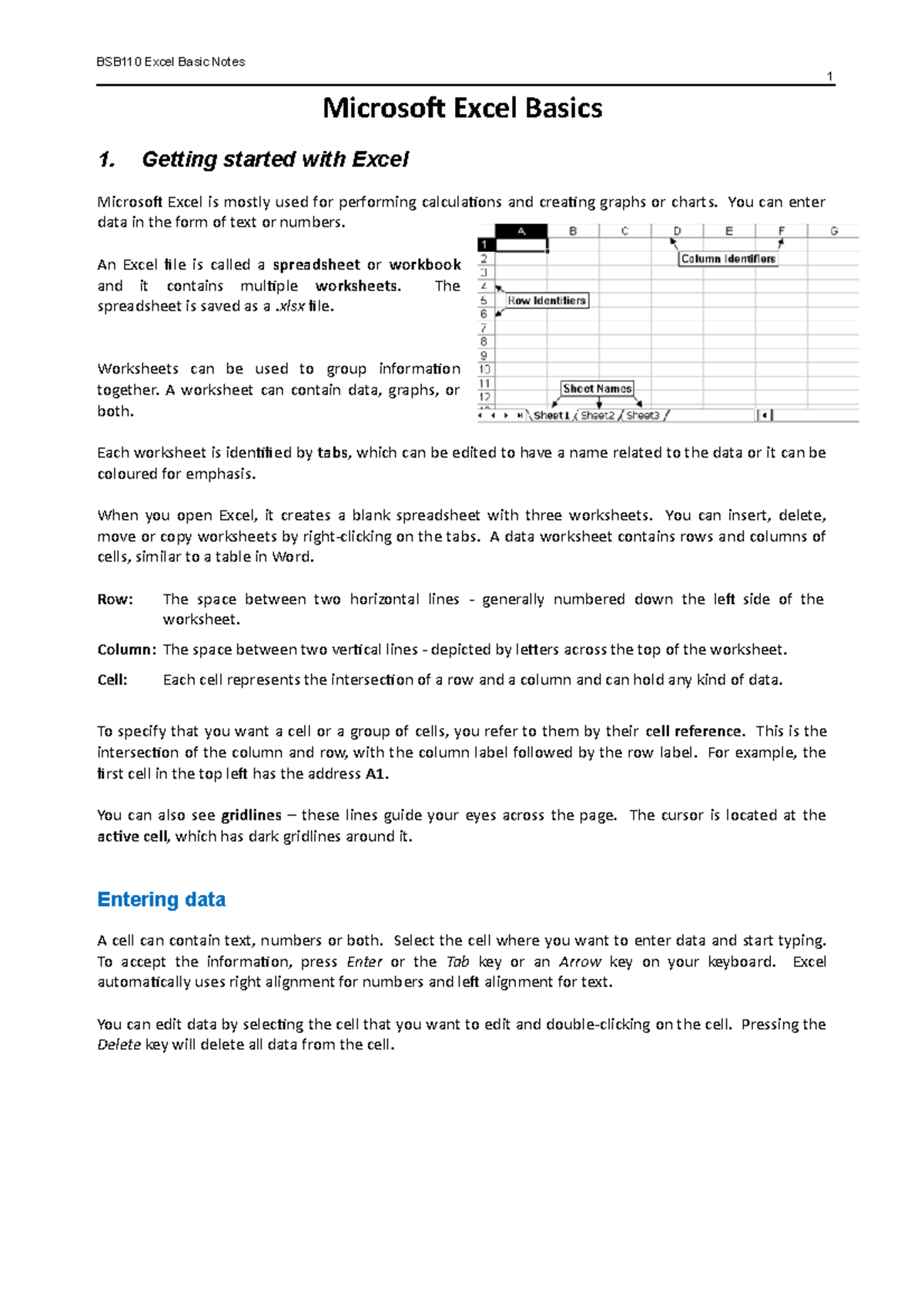 Getting started with Excel Notes BSB110(1)(1) - 1 Microsoft Excel ...
