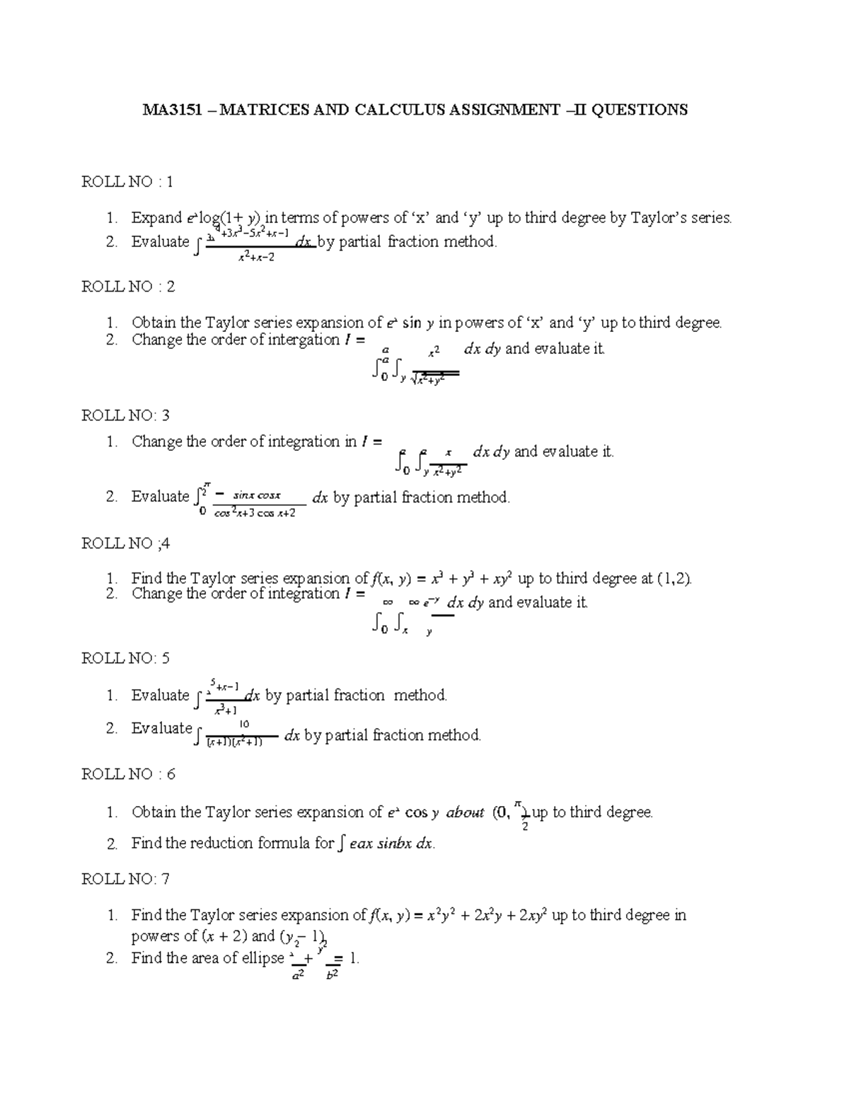 Assignment-2 Ma3151 - useful - ∫ ∫ ∫ MA3151 – MATRICES AND CALCULUS ASSIGNMENT –II QUESTIONS ...