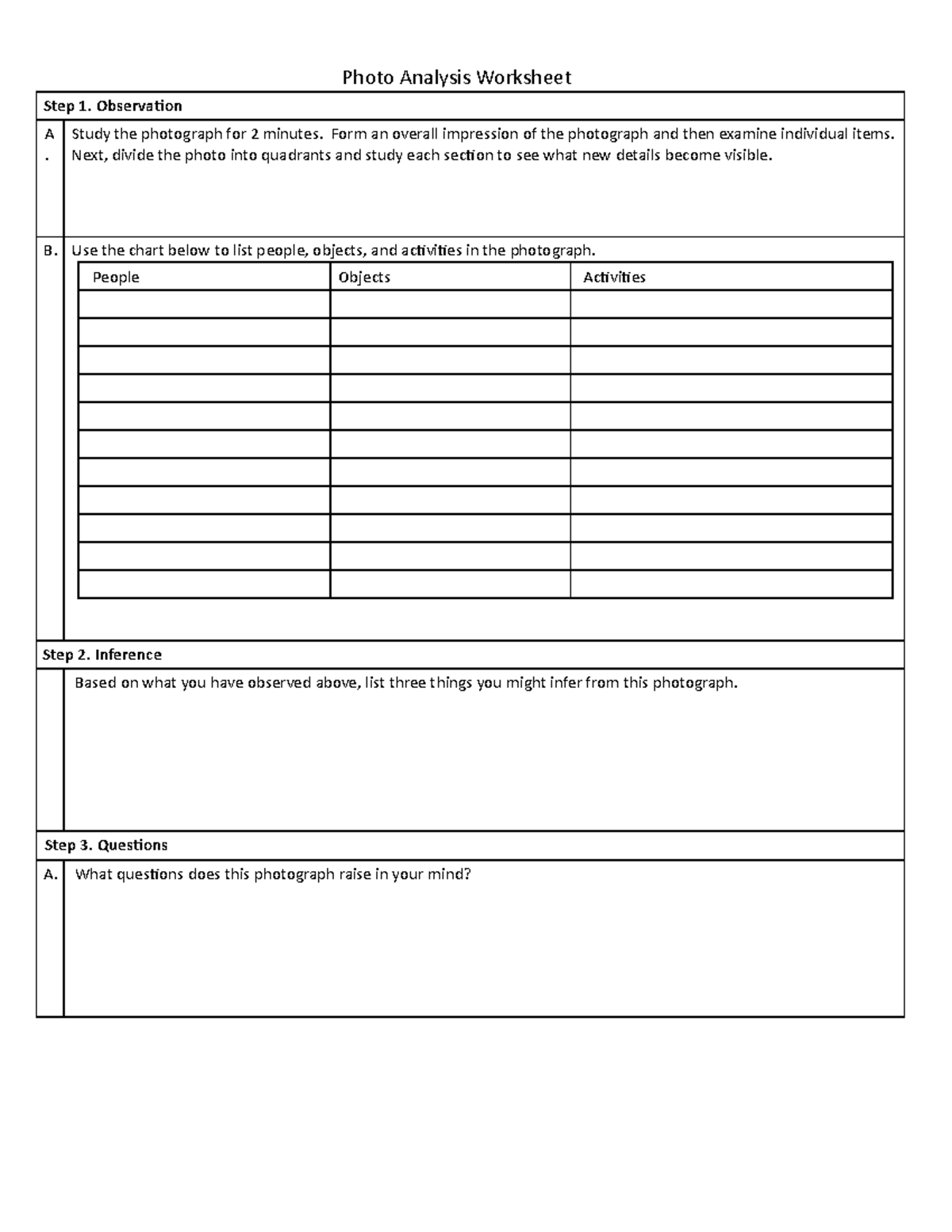 Photo Analysis Worksheet - Observation A . Study the photograph for 2 ...