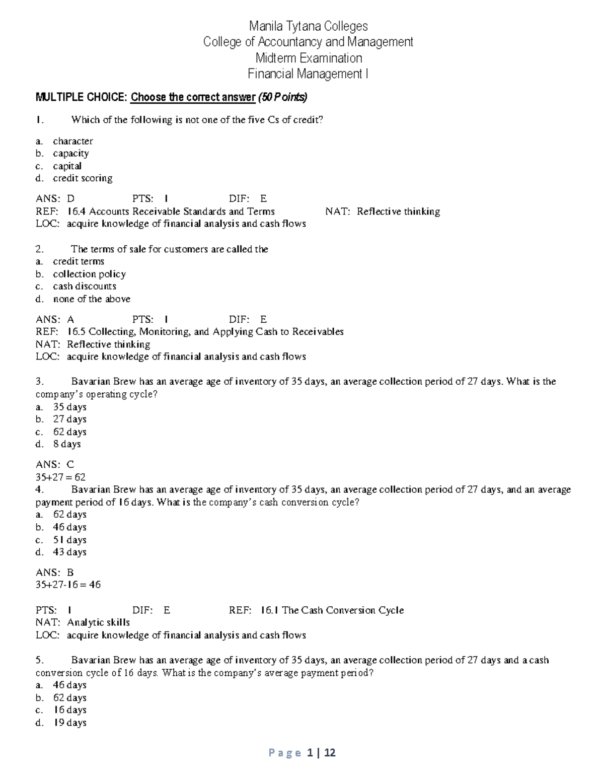 Pdfcoffee - Practice exam for financial management - College of ...