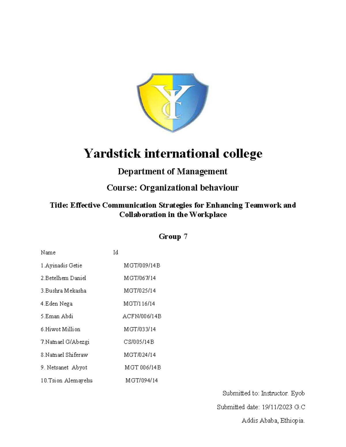 Organizational assgnment - Yardstick international college Department ...