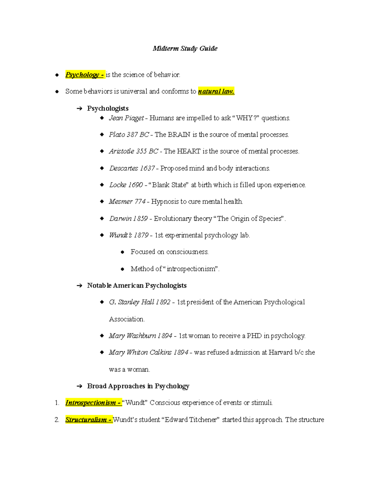 Psyc 110 Midterms - Midterm Study Guide Psychology - is the science of ...