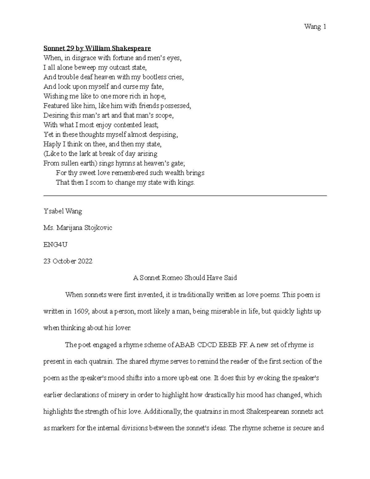 Unit 2 - Activity 12 Poetry Analysis - Sonnet 29 by William Shakespeare ...