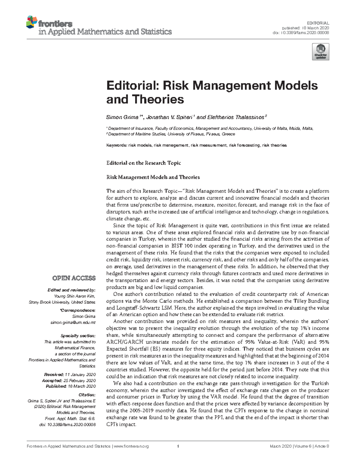 Editorial Risk Management Models and Theories - EDITORIAL published: 18 ...