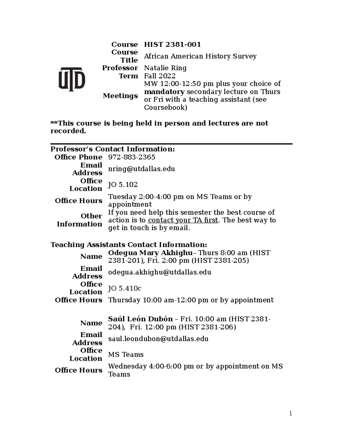 AA2022 FALL Syllabus(1) - Course HIST 2381- Course Title African ...