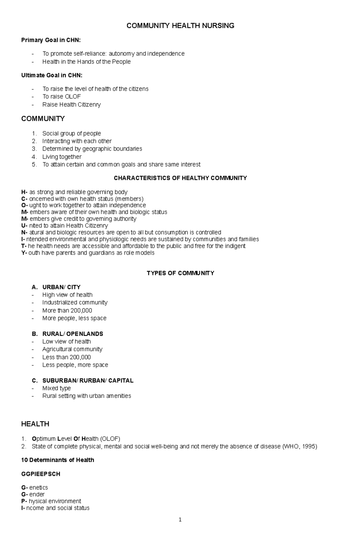 NP1 CHN Handouts - Study-Checklist - COMMUNITY HEALTH NURSING Primary ...