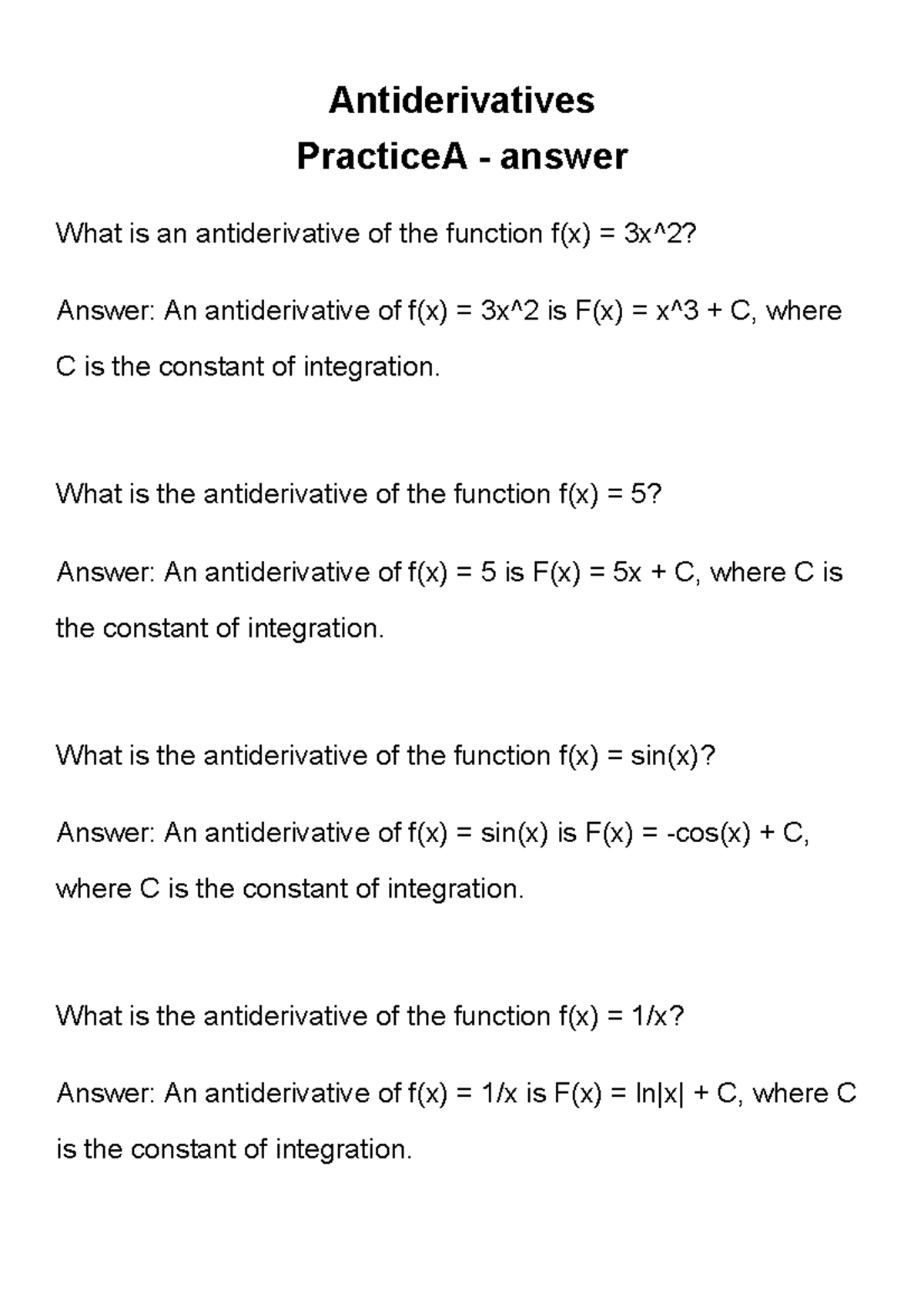 Antiderivatives Practice A - answer - Antiderivatives PracticeA ...