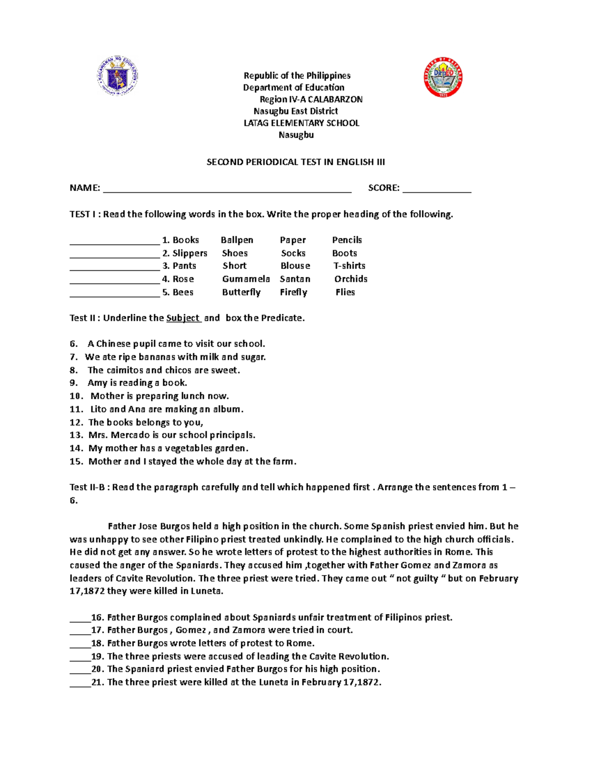 PT English 3 Q2 - Sample Quarter Examination - Republic of the ...