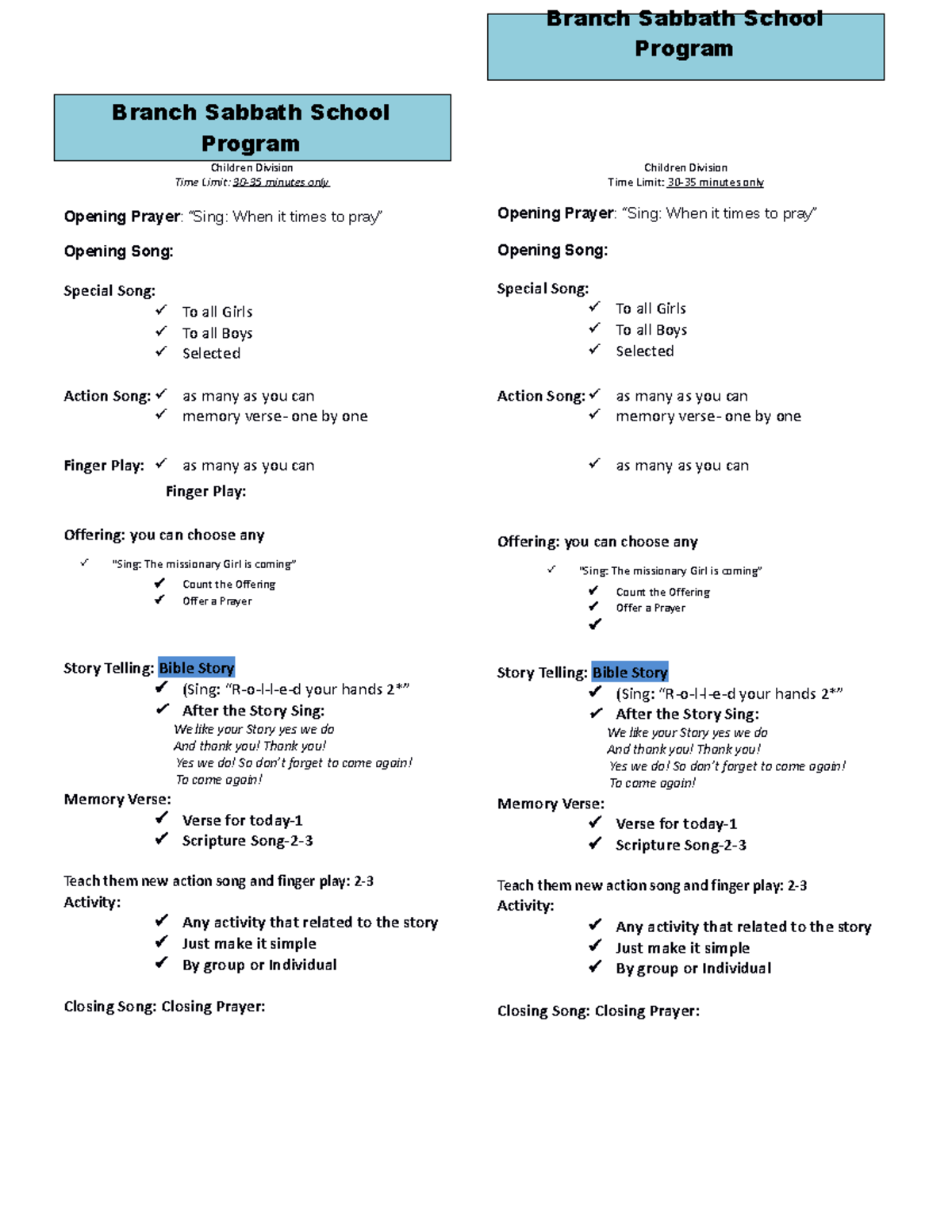 Branch Sabbath School Program - Children Division Time Limit: 30-35 ...