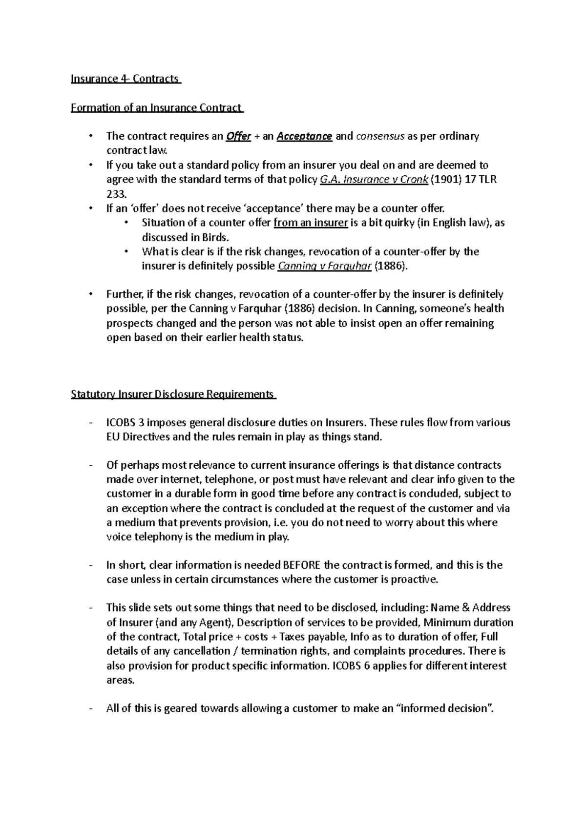 Insurance 4 - Contracts - Insurance 4- Contracts Formation of an ...
