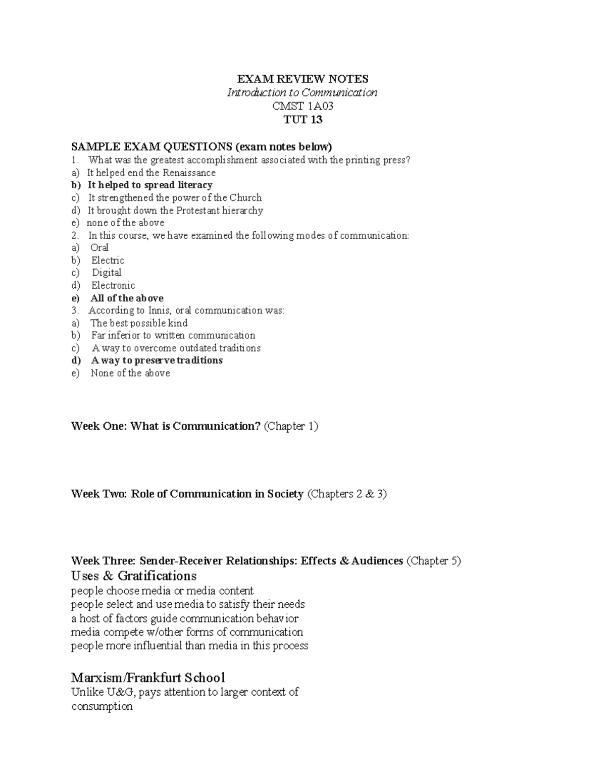 EXAM Review Notes - EXAM REVIEW NOTES Introduction to Communication ...