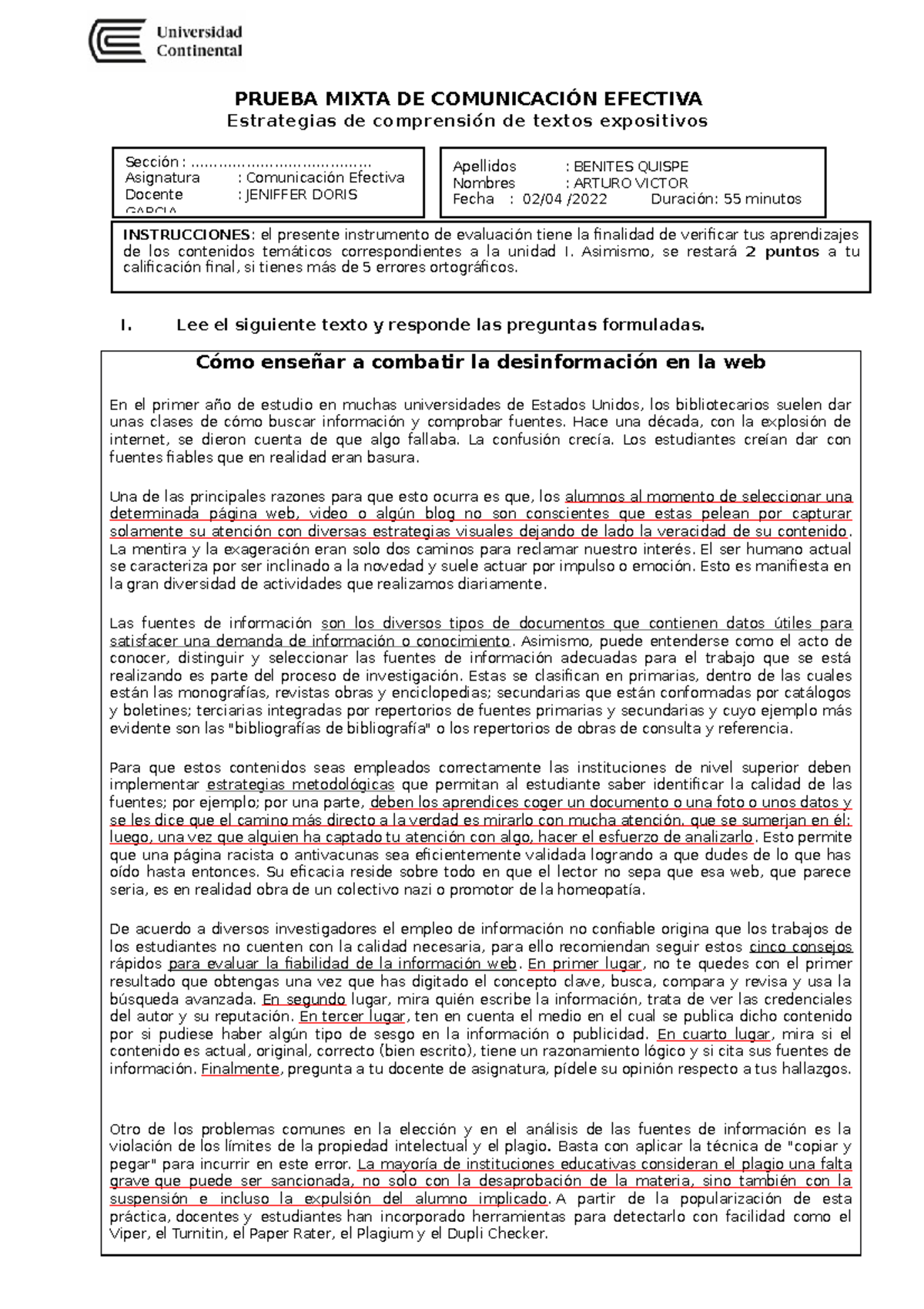 1. Evaluación de estrategias de comprensión de TE 2022 10A Examen ...