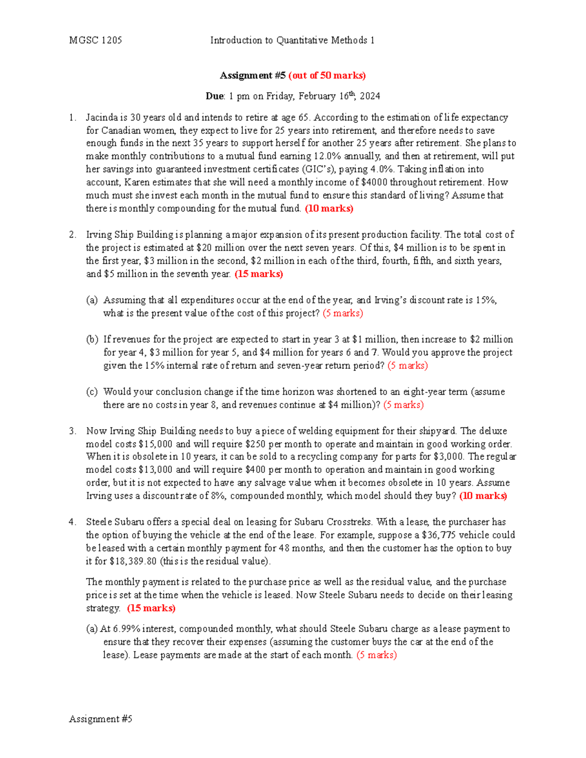 MGSC 1205 Assignment 5 Winter 2024 - MGSC 1205 Introduction to Quantitative Methods 1 Assignment ...
