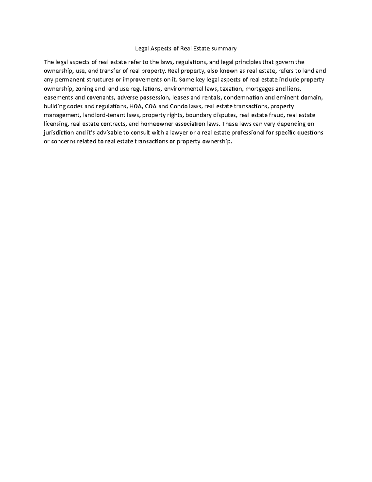 Legal Aspects of Real Estate summary - Real property, also known as ...