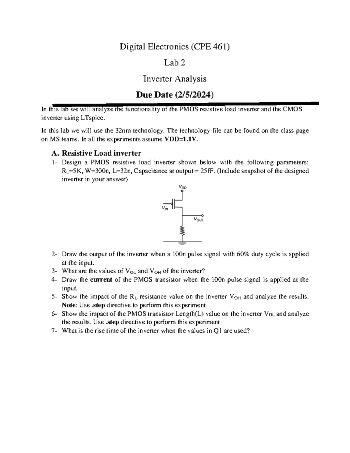 Assignment 2 - Digital Electronics (CPE 461) Lab 2 Inverter Analysis Due Date ( 2 /5/2024) In ...