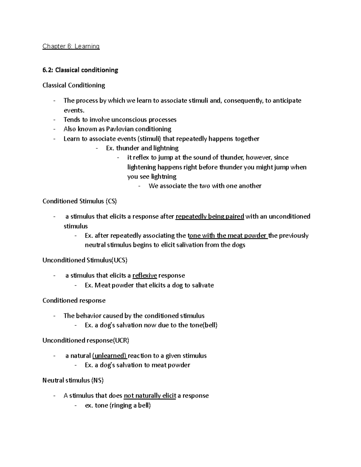 PSYC001- Lecture Notes-Exam#2 - Chapter 6: Learning 6: Classical ...